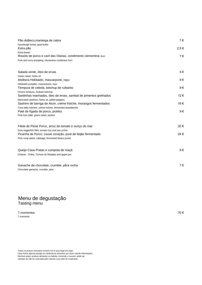 Menu at Ciclo restaurant, Lisbon