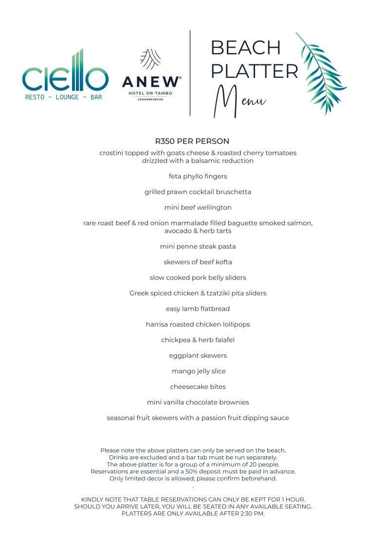 Menu at Cielo Restaurant, Benoni
