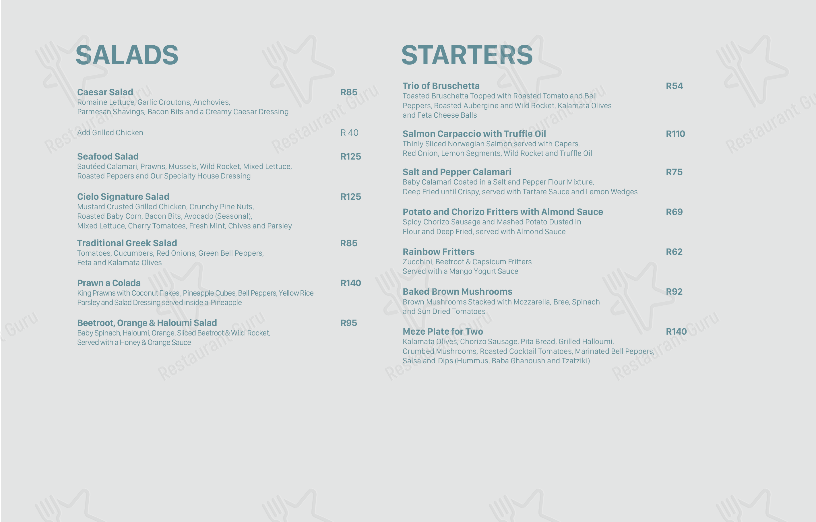 Menu at Cielo Restaurant, Benoni