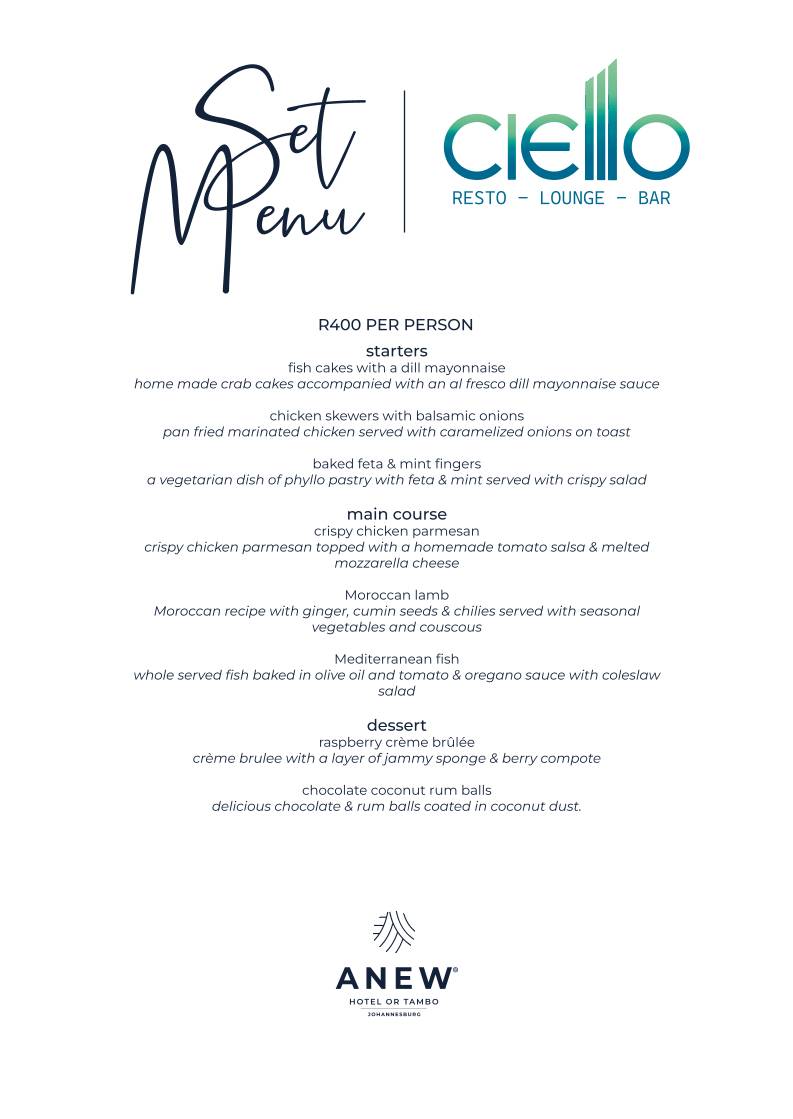 Menu at Cielo Restaurant, Benoni