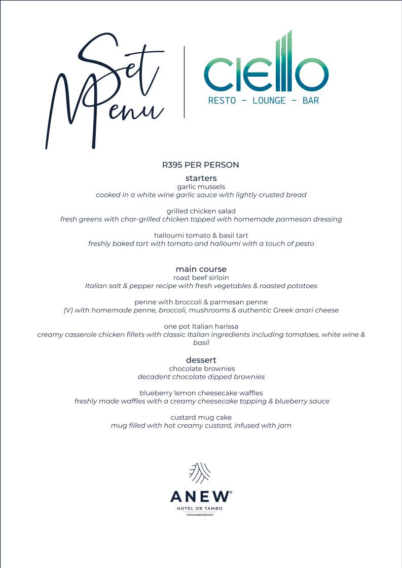 Menu at Cielo Restaurant, Benoni