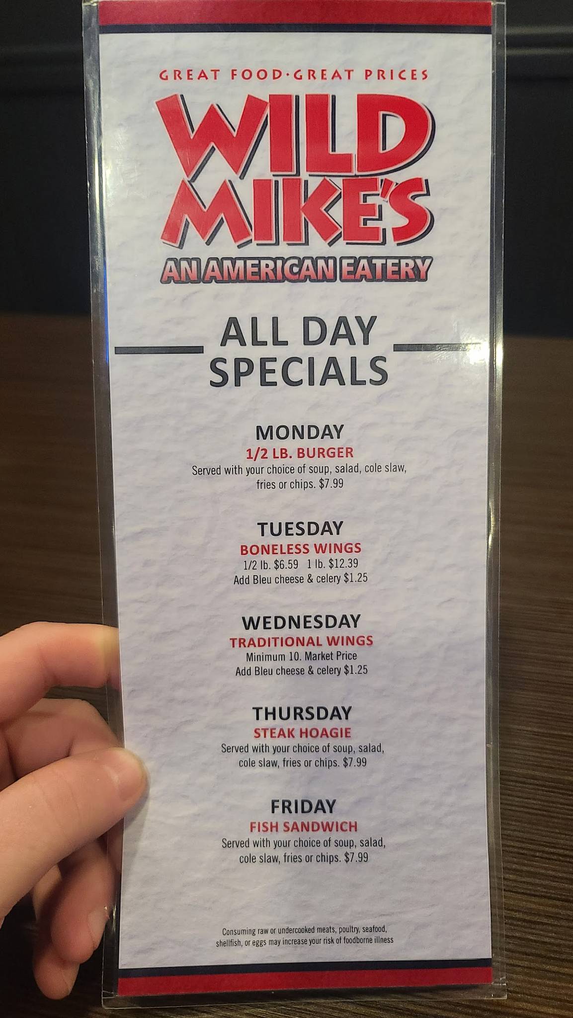 Menu at Wild Mike's Delhi restaurant, Cincinnati, Delhi Rd