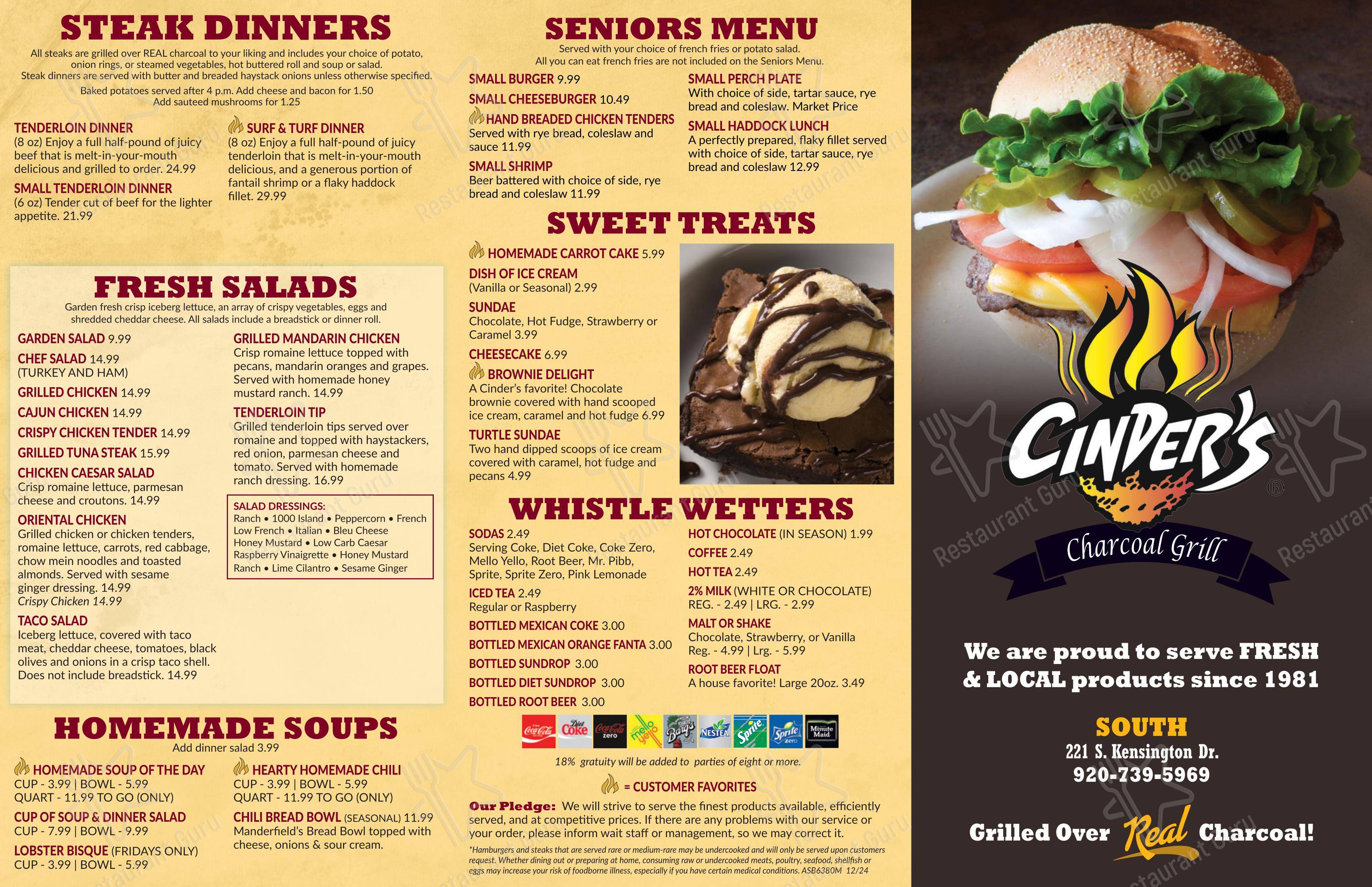 Menu at Cinder’s Charcoal Grill West restaurant, Appleton, W Wisconsin Ave