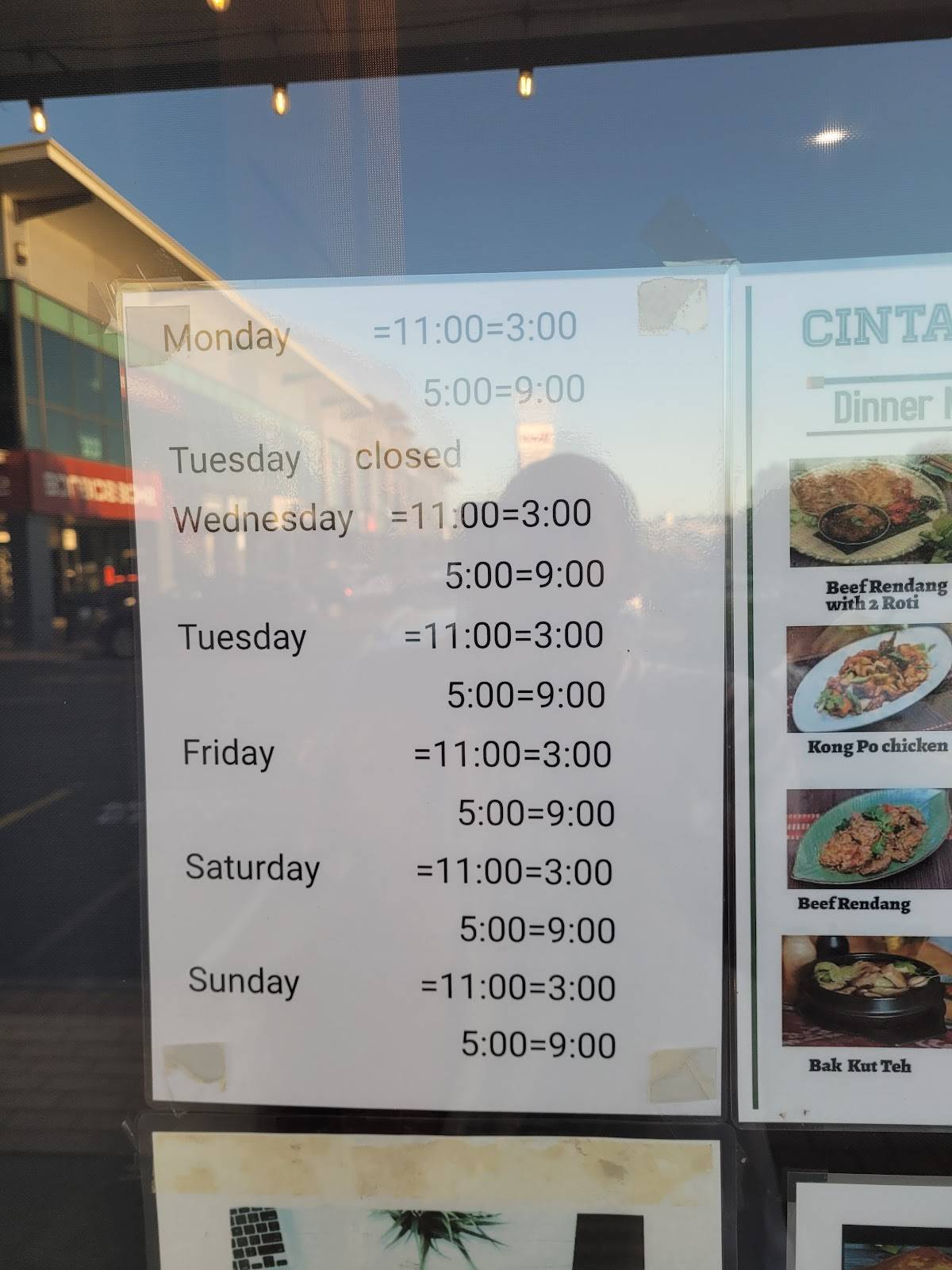 Menu at Cinta Malaysian Restaurant Albany, Auckland