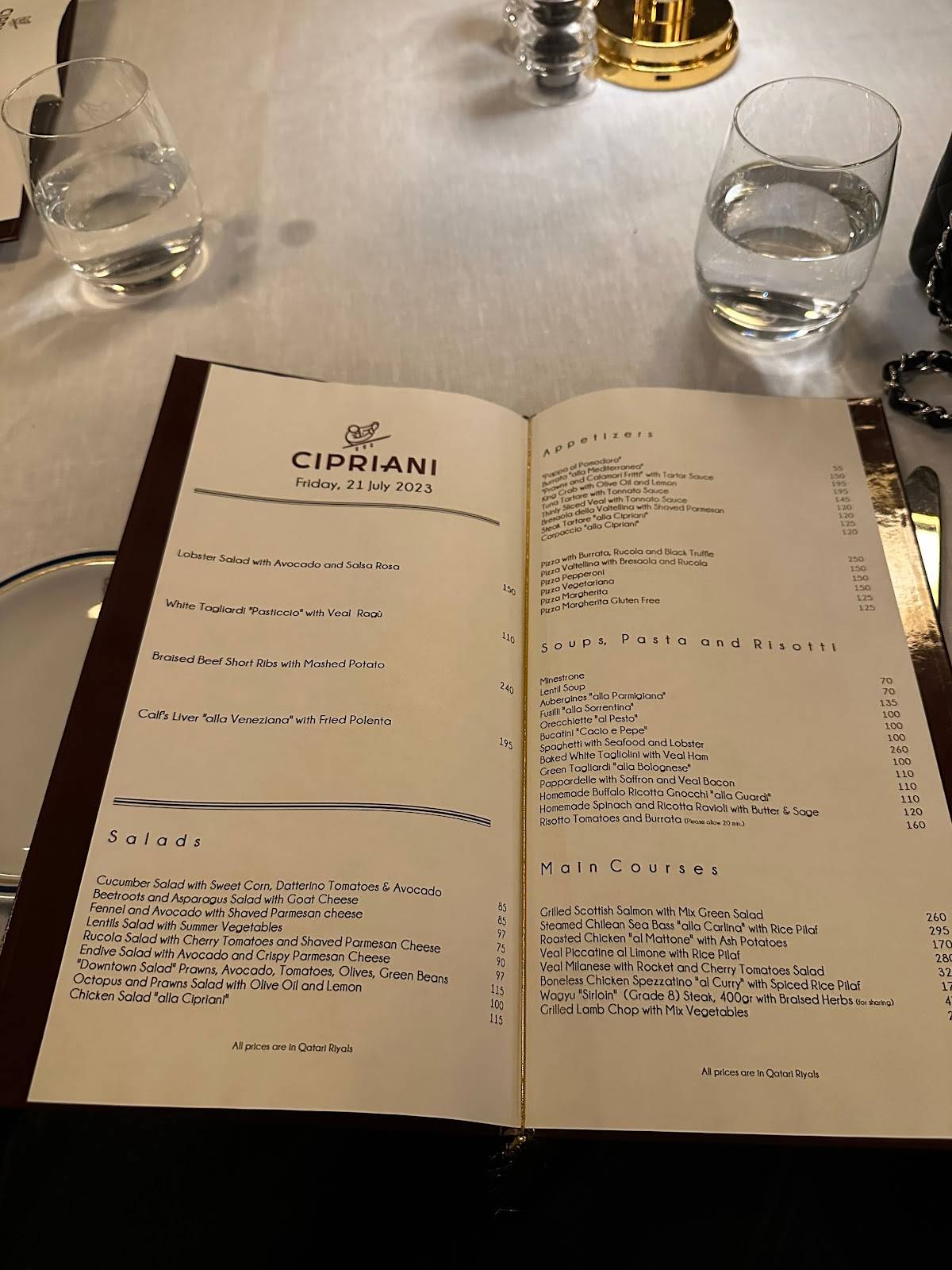 Menu at Cipriani Doha restaurant, Doha, North Beach Development