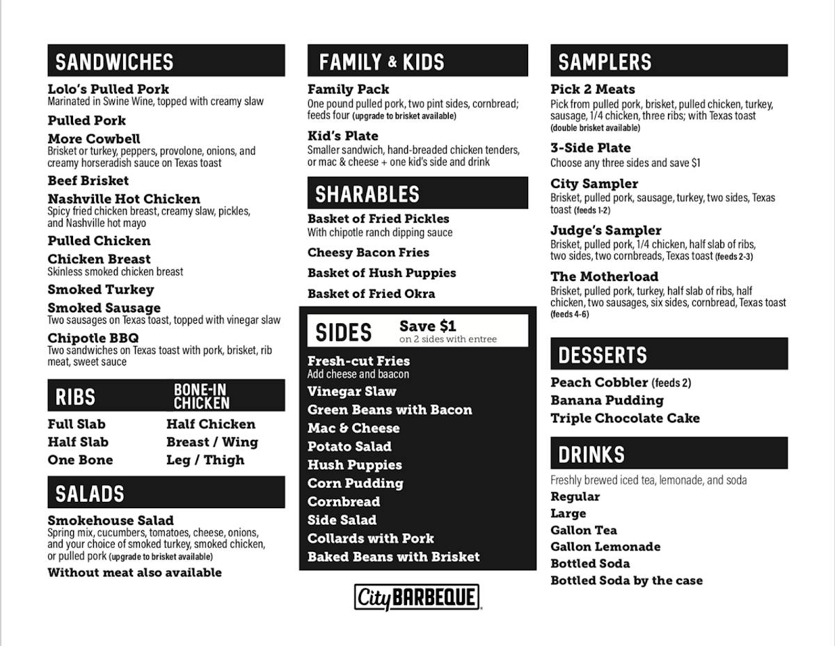 Menu at City Barbeque, Dayton, Miller Ln