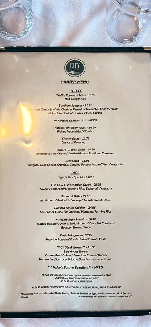 Menu at City Kitchen restaurant, Beaufort