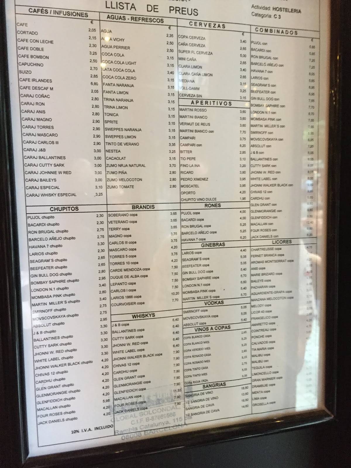 Menu at Ciutat Comtal pub & bar, Barcelona, Rambla de Catalunya