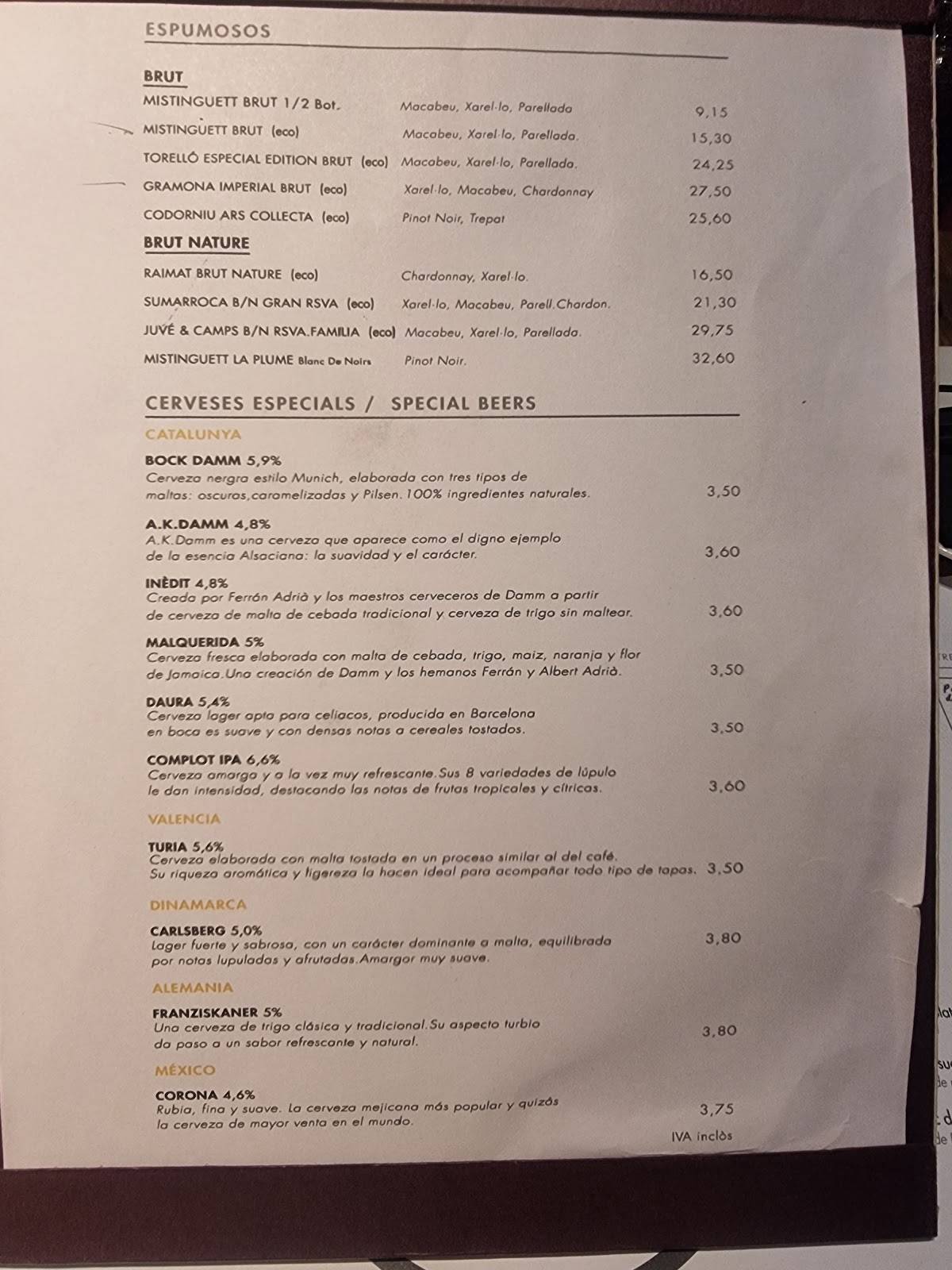 Menu at Ciutat Comtal pub & bar, Barcelona, Rambla de Catalunya