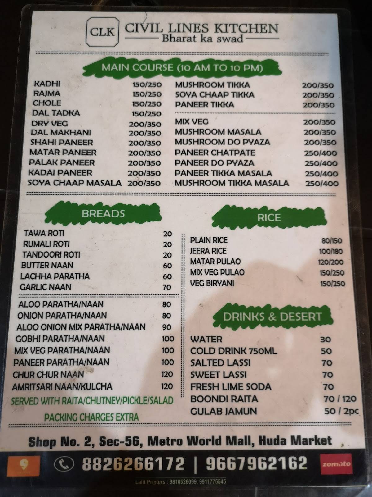 Menu at Civil Lines Kitchen, Gurugram