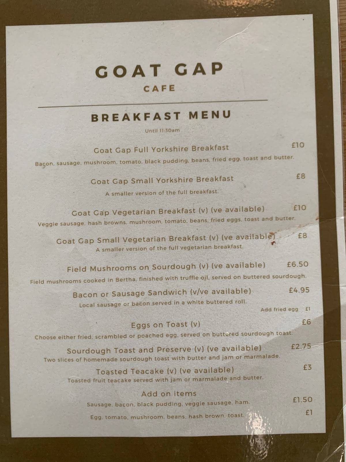 Menu at Goat Gap Cafe, Clapham cum Newby
