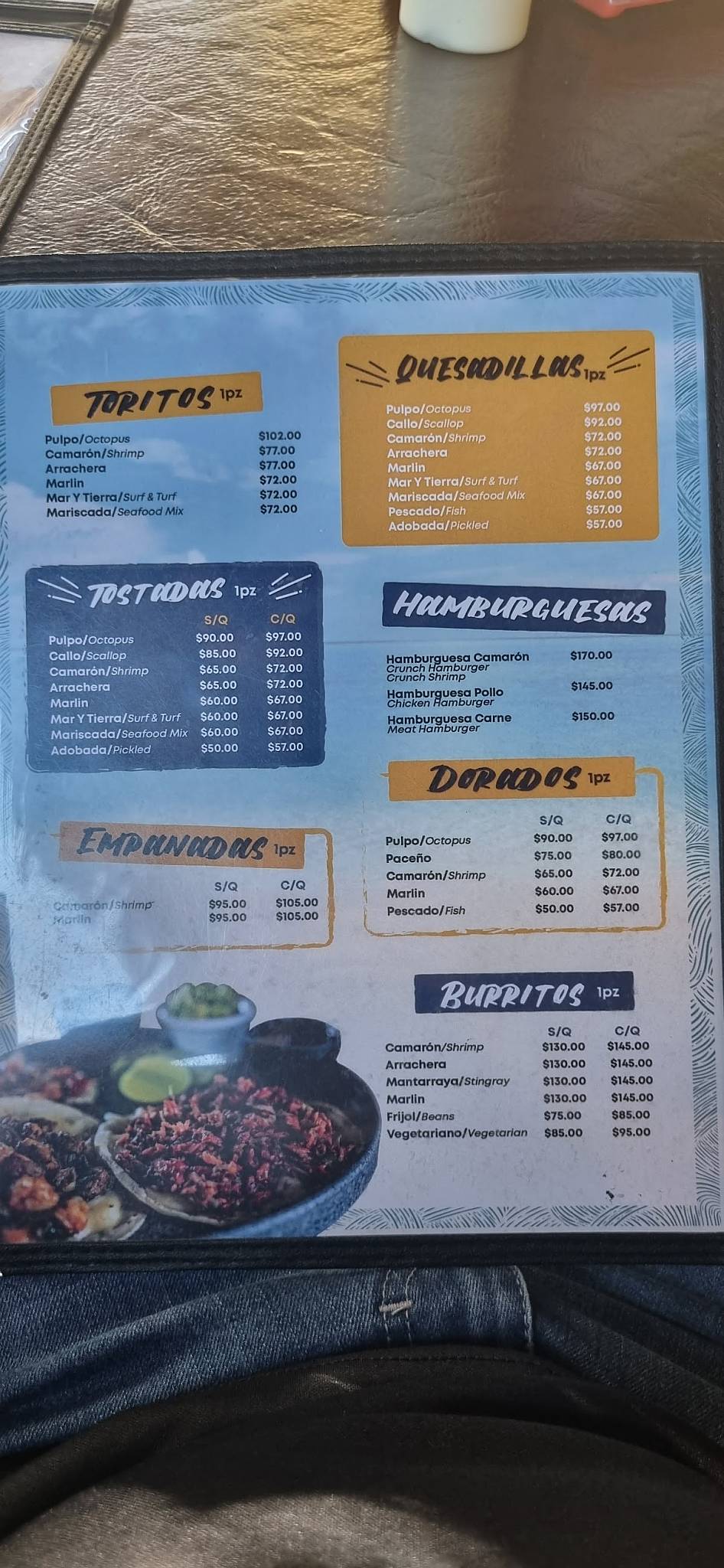 Menu at Claro Fish Jr. restaurant, Cabo San Lucas, Leona Vicario s/n