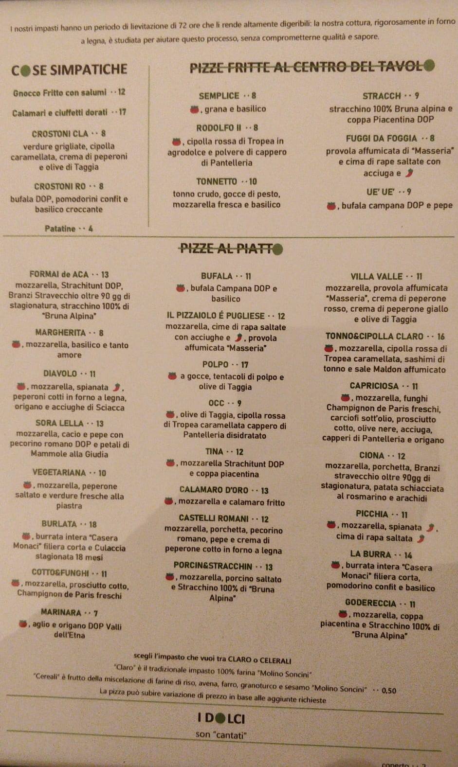 Menu da Claro Pizzeria Contemporanea, Villa d'Almè