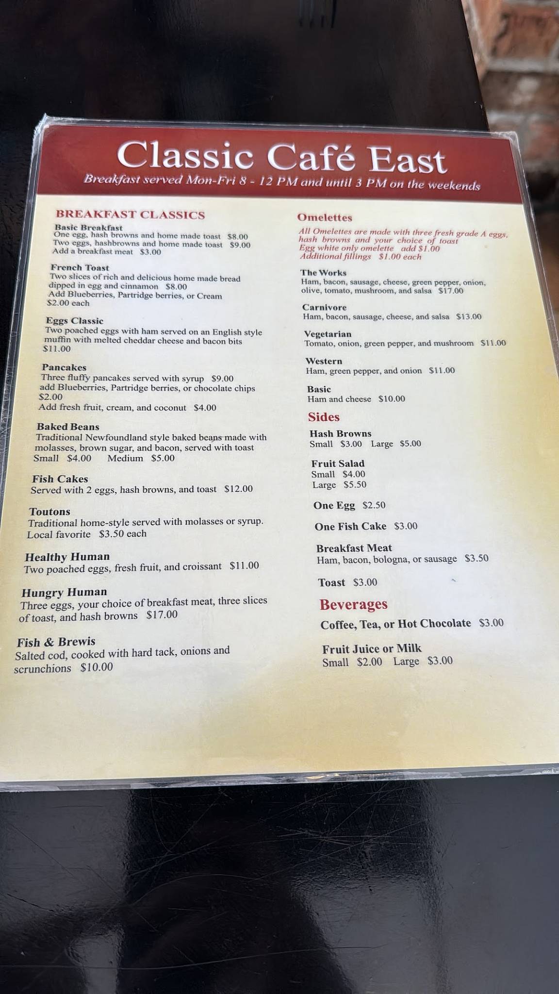 Menu at Classic Cafe East, St. John's
