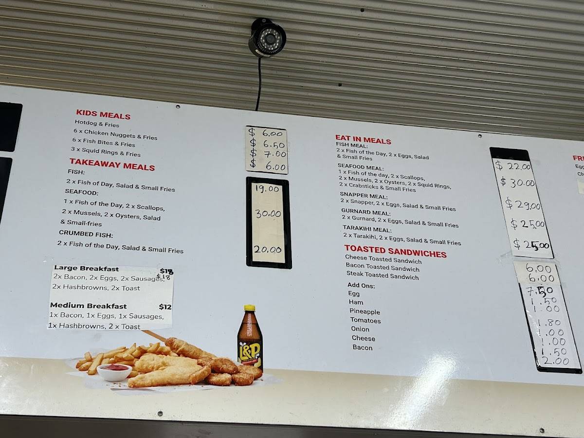 Menu at Clevedon Seafoods Takeaway & Bakery, New Zealand