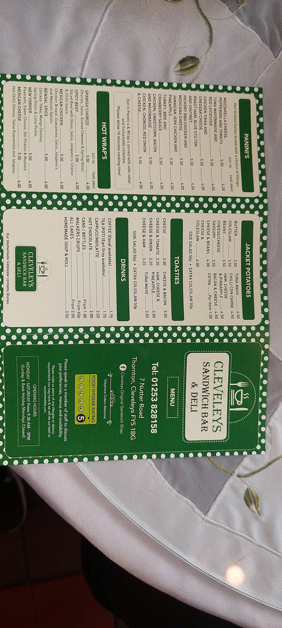 Menu at Cleveleys Delicatessen cafe, Blackpool