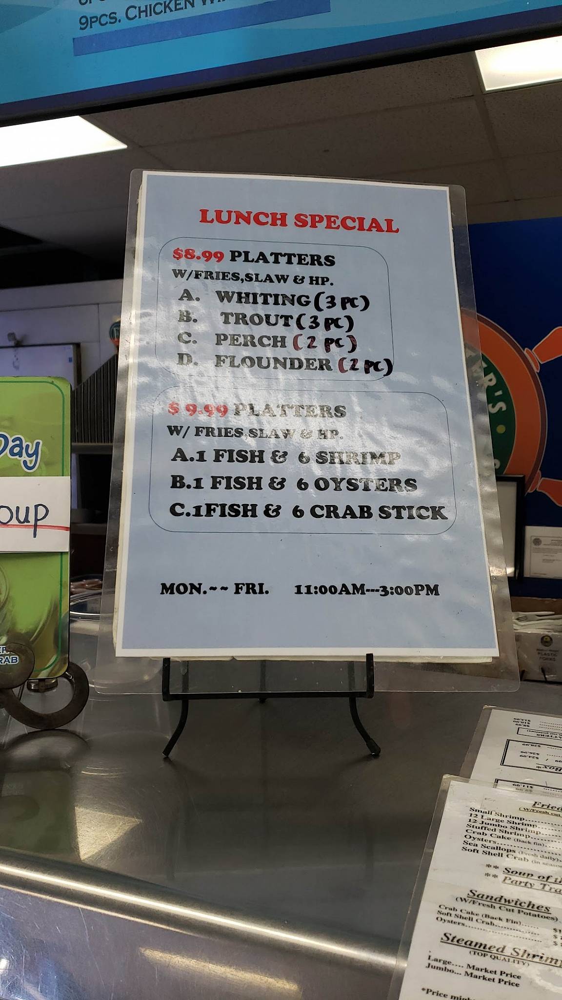 Menu at Captain Peter's Seafood restaurant, Clinton