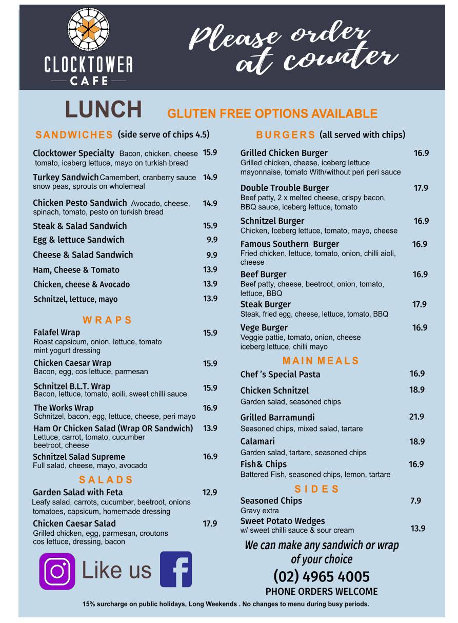 Menu at Clocktower CateringCafe, Hamilton
