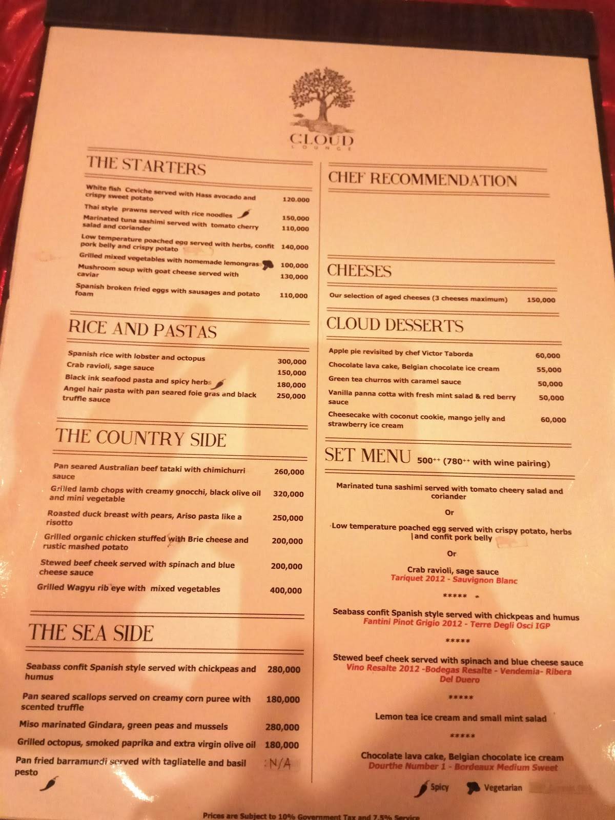 Menu at Cloud Lounge Jakarta (Rooftop) restaurant, Central Jakarta
