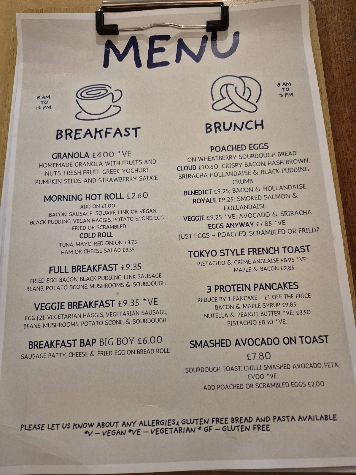 Menu at Cloud Cafe, Glasgow