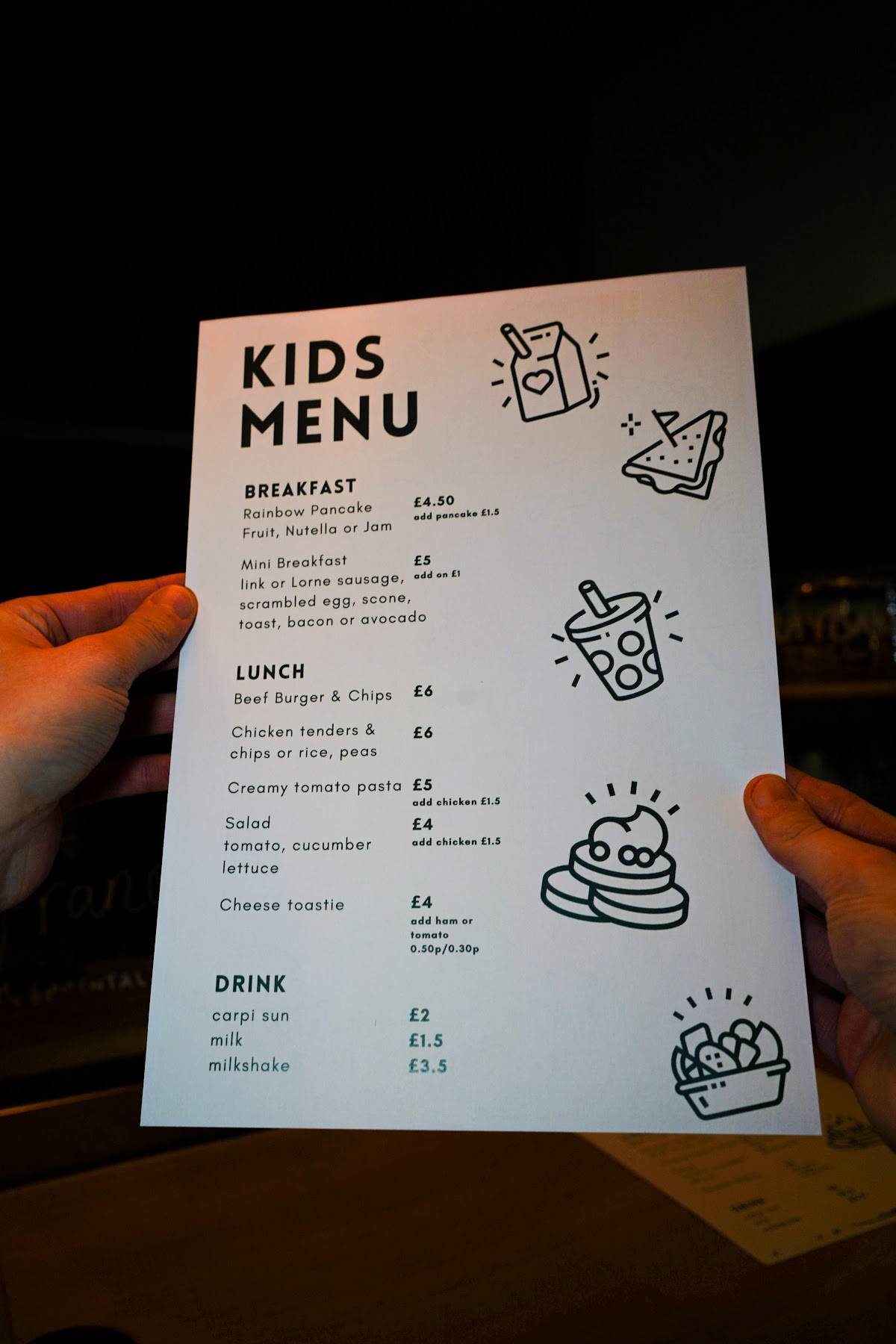 Menu at Cloud Cafe, Glasgow