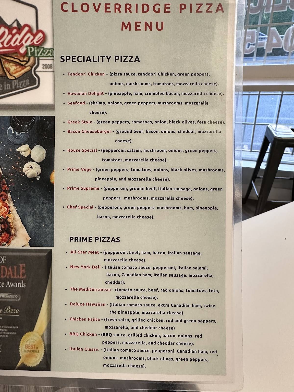 Menu at Clover Ridge Pizza pizzeria, Surrey