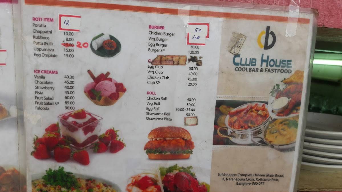 Menu at Club House, Bengaluru, Krishnappa Complex