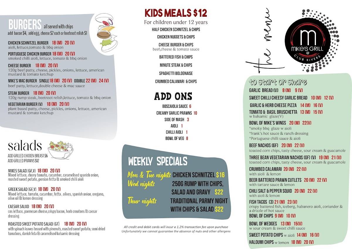 Menu at Club Rivers, Riverwood