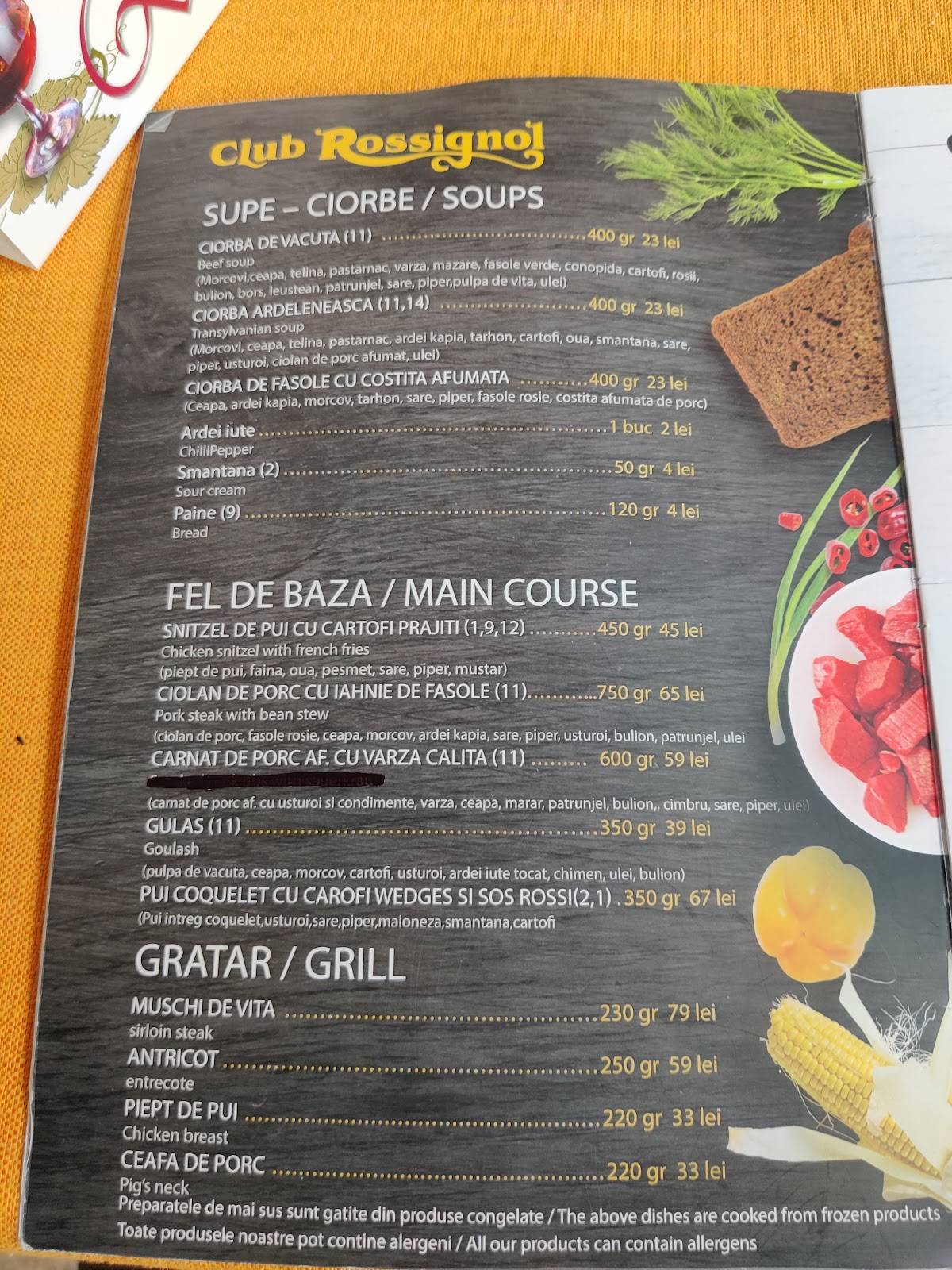 Menu at Club Rossignol, Brașov