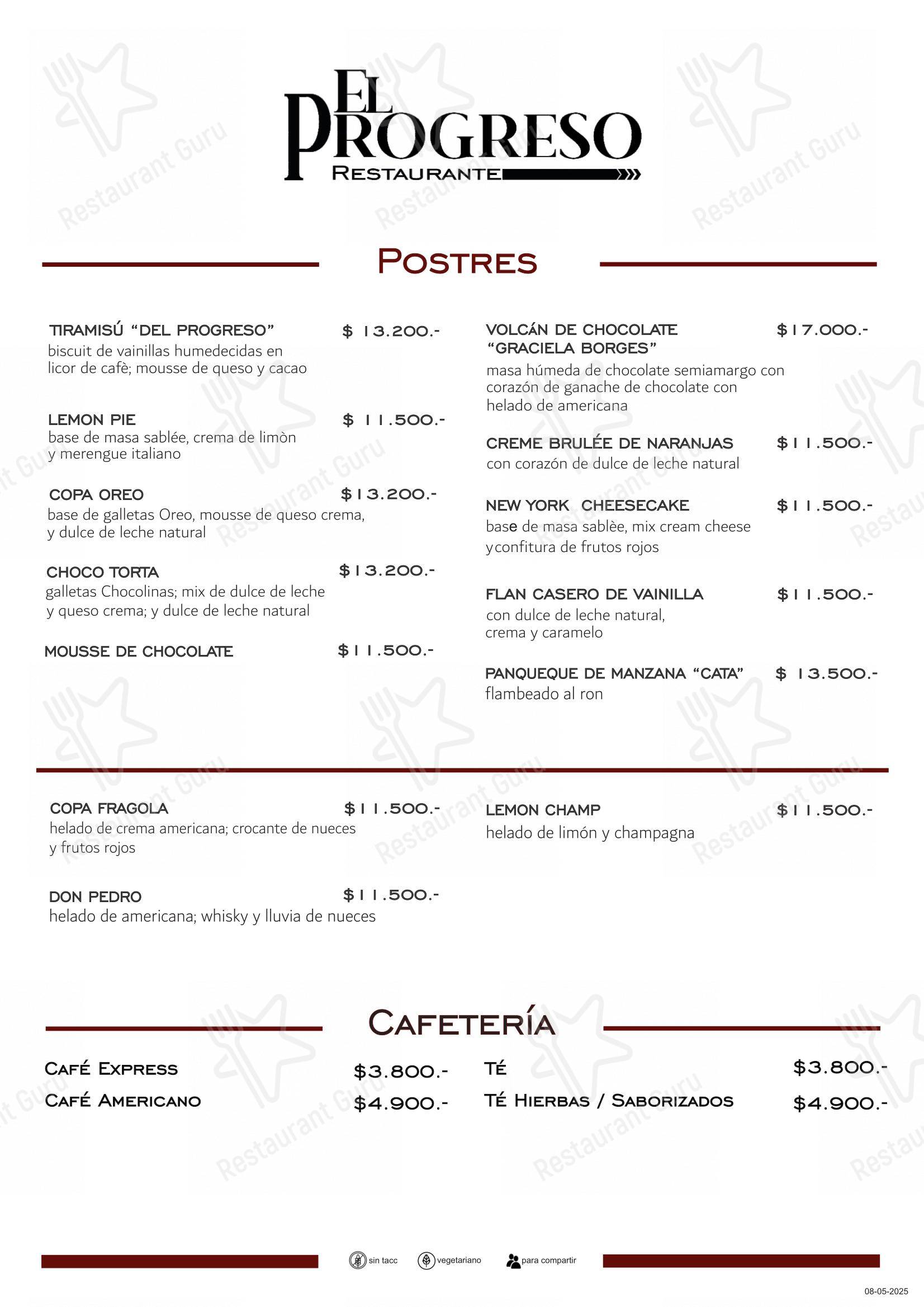 Carta de Club del Progreso Restaurante Parrilla, Buenos Aires