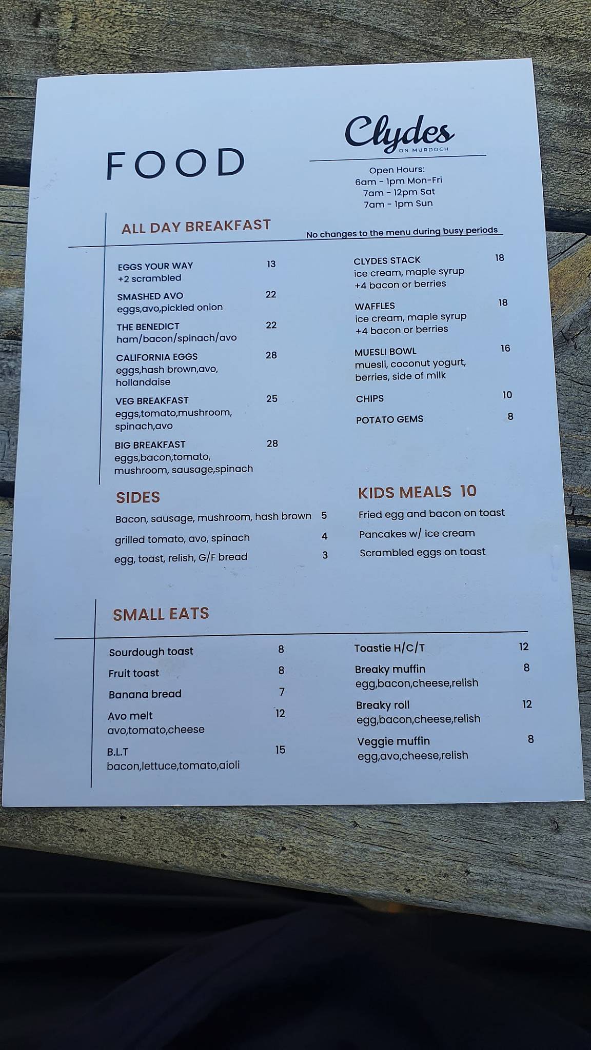 Menu at Clydes on Murdoch cafe, Wangaratta