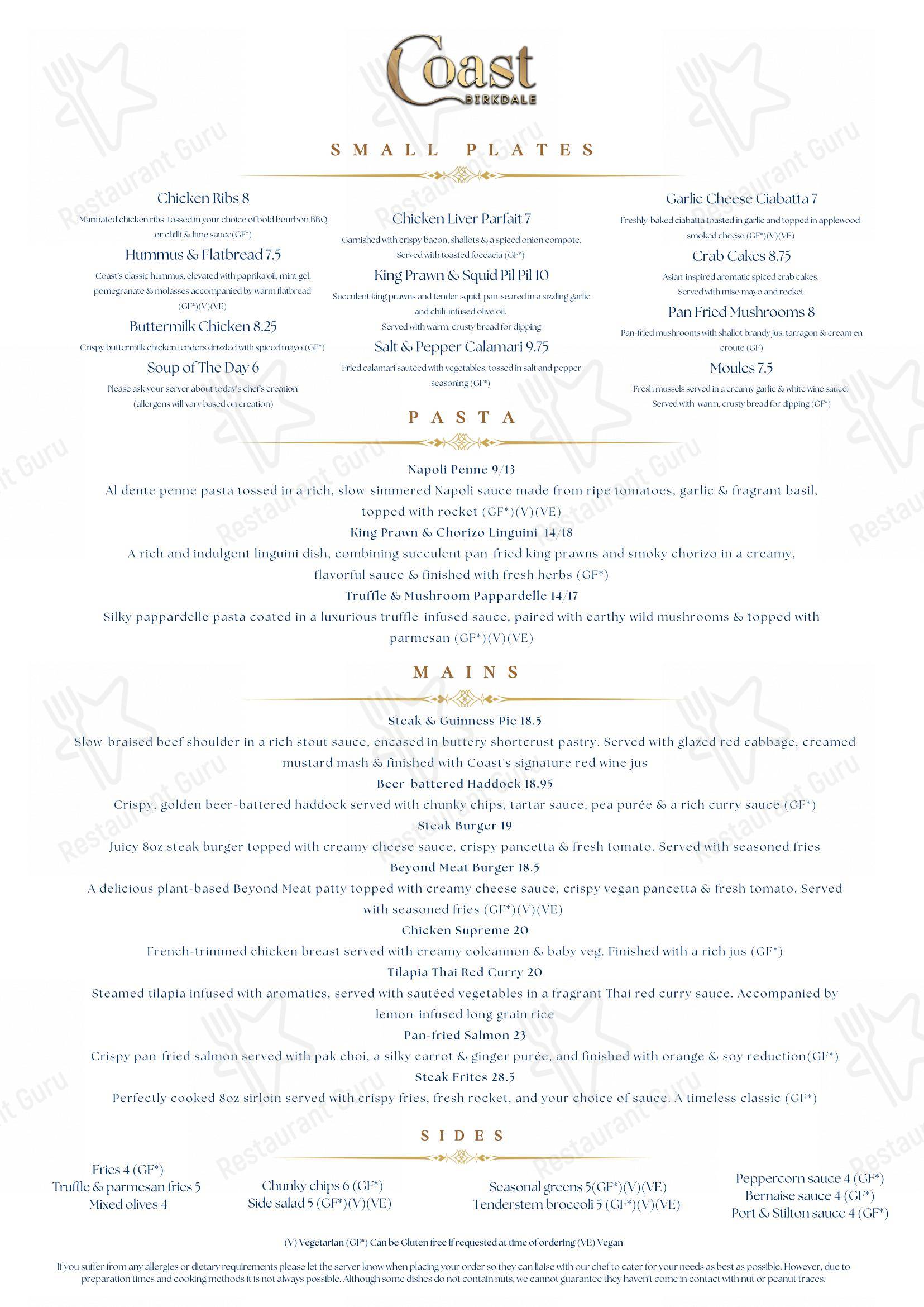 Menu at Coast Birkdale restaurant, Southport