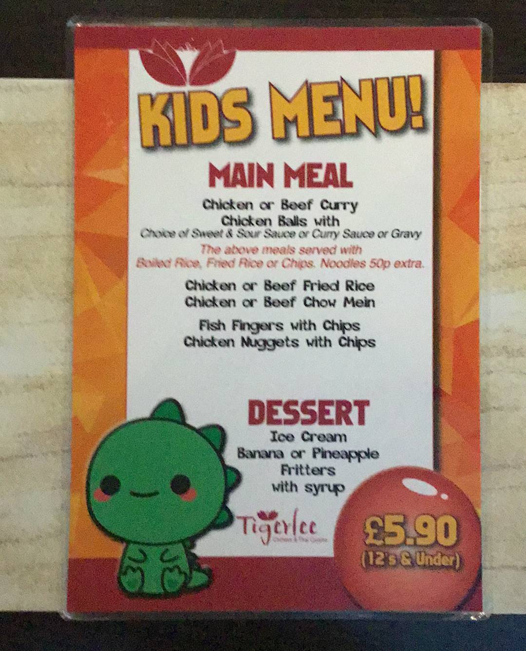 Menu at Tiger Lee restaurant, Glasgow