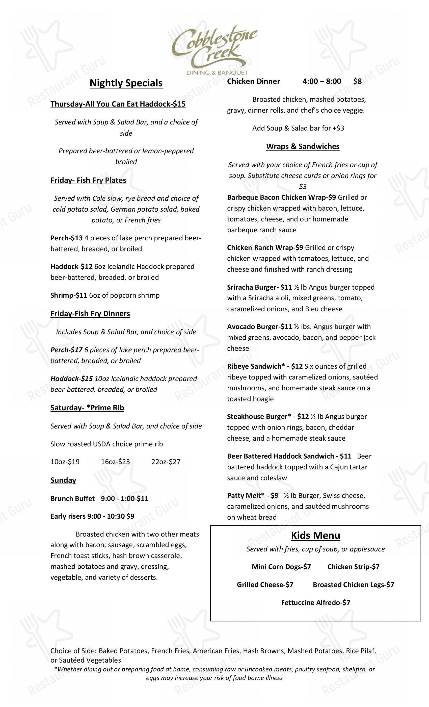 Menu at Cobblestone Creek restaurant, Brillion
