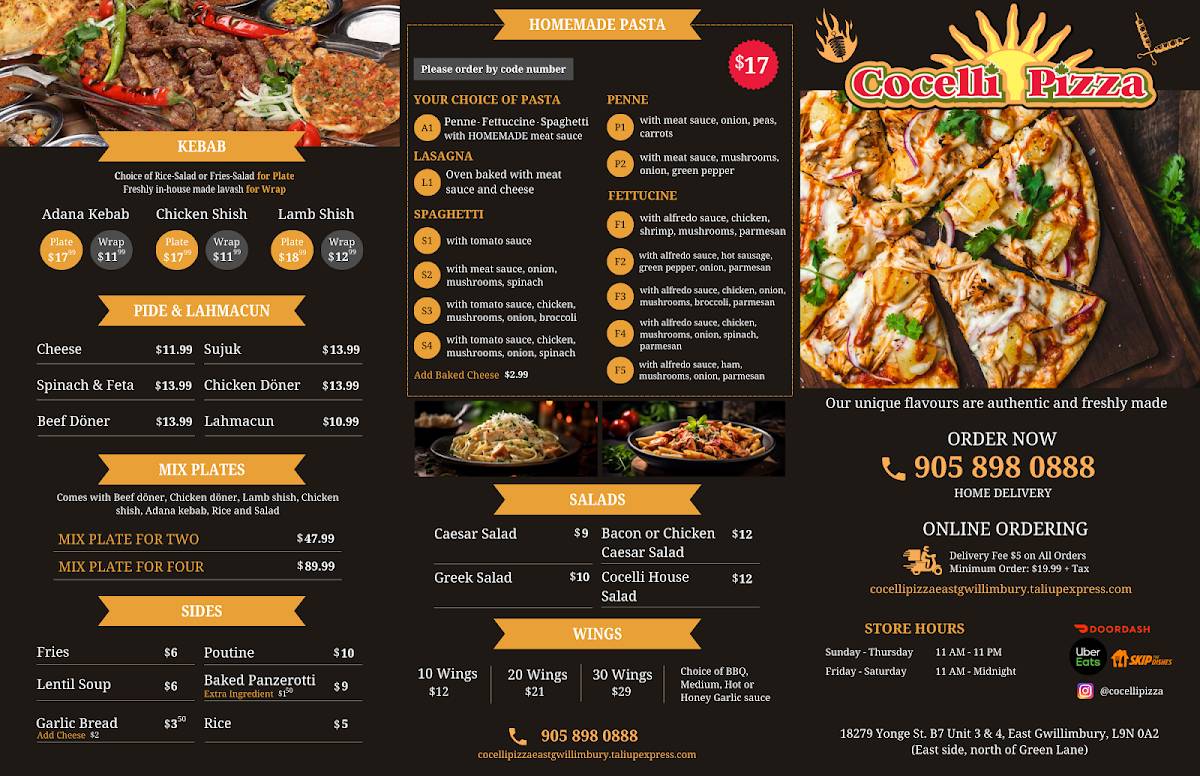 Menu at Cocelli Pizza pizzeria, East Gwillimbury