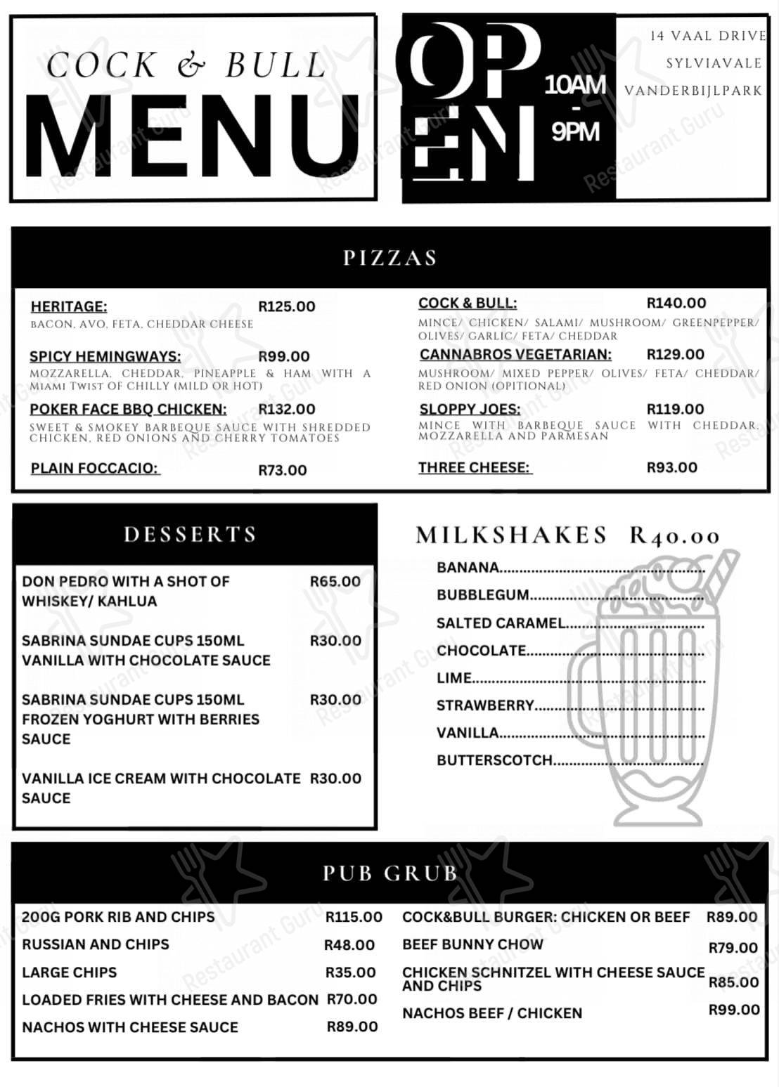 Menu at Cock & Bull Pub, Vanderbijlpark