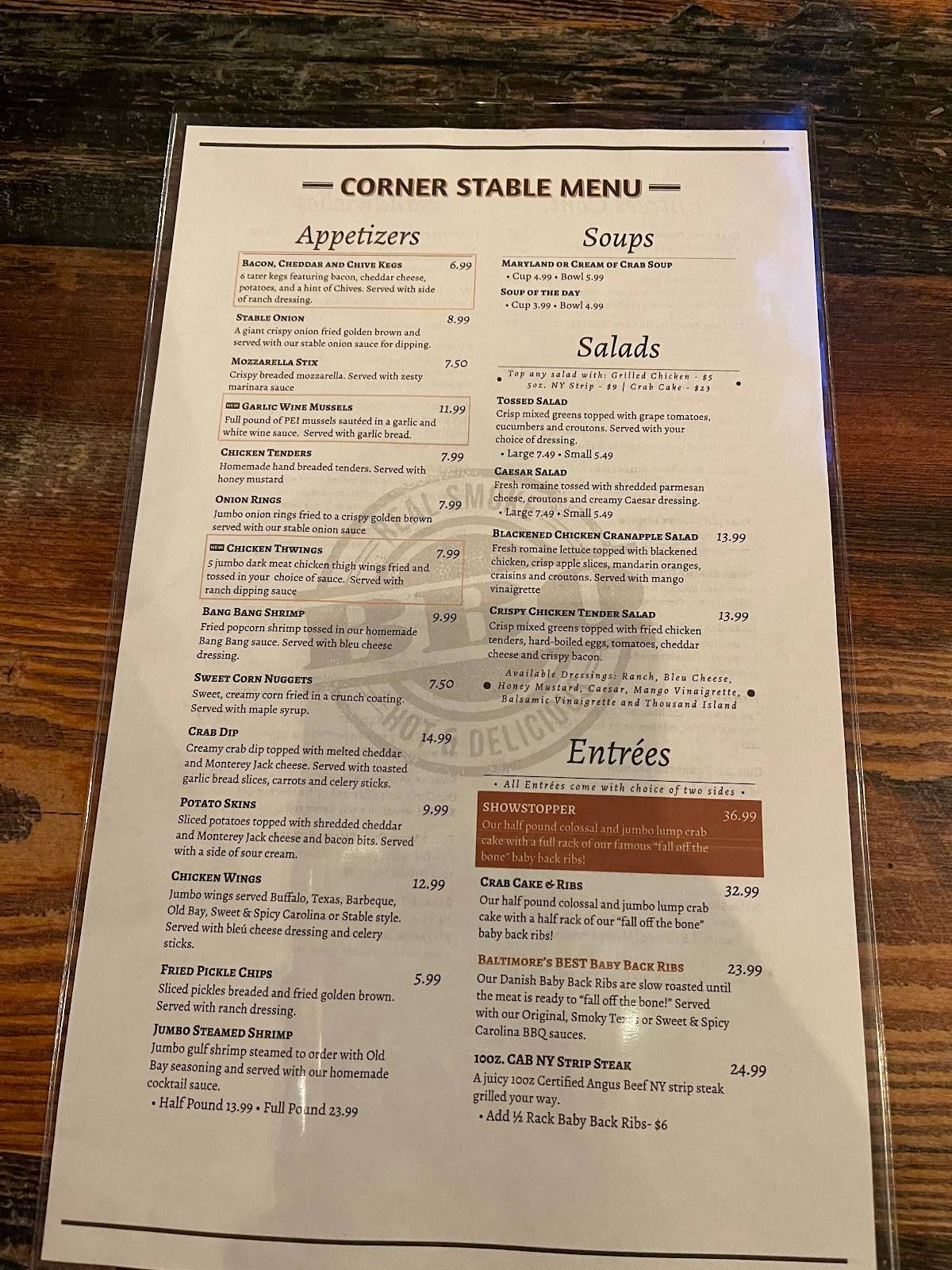 Menu at The Corner Stable restaurant, Cockeysville