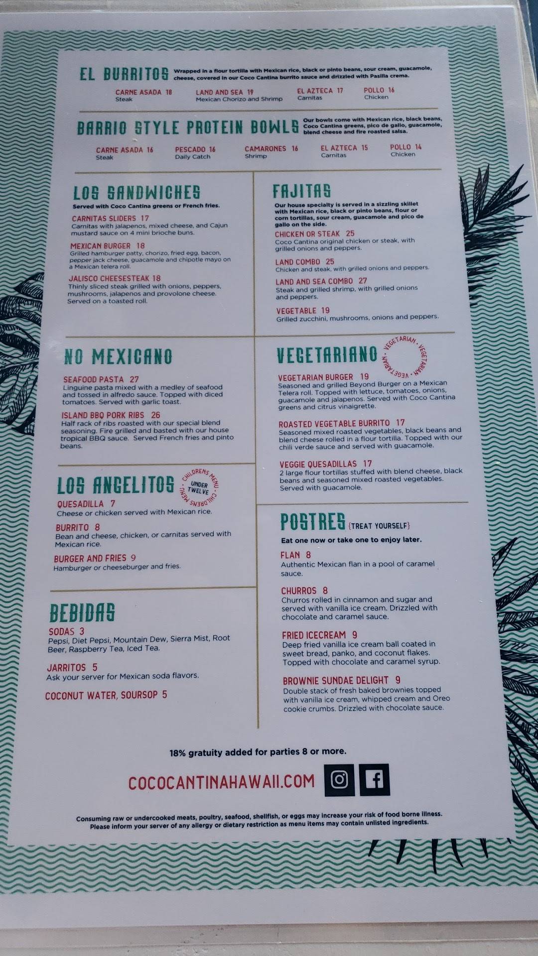 Menu at Coco Cantina pub & bar, Hilo