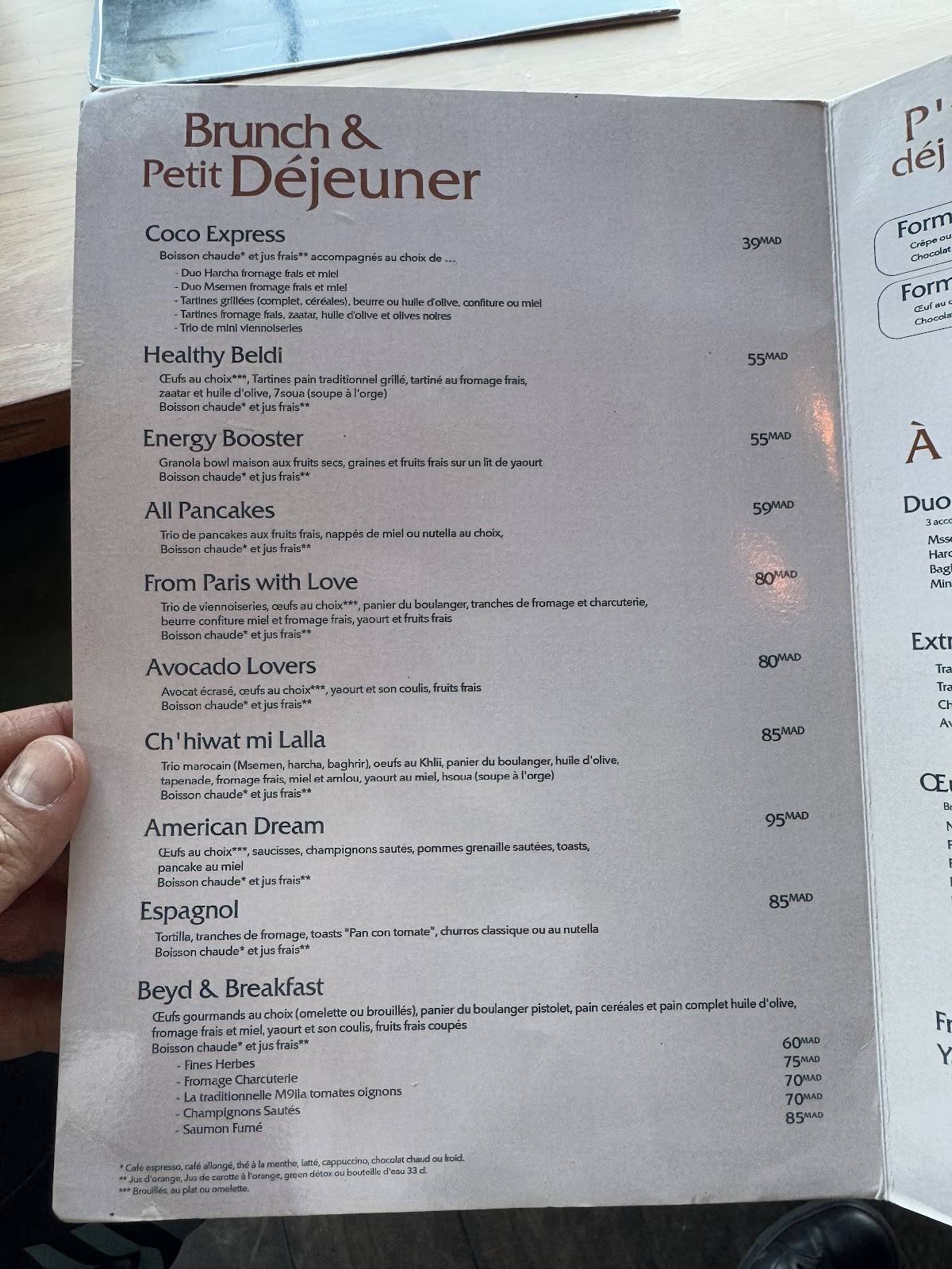 Menu au Coco palm restaurant, Casablanca