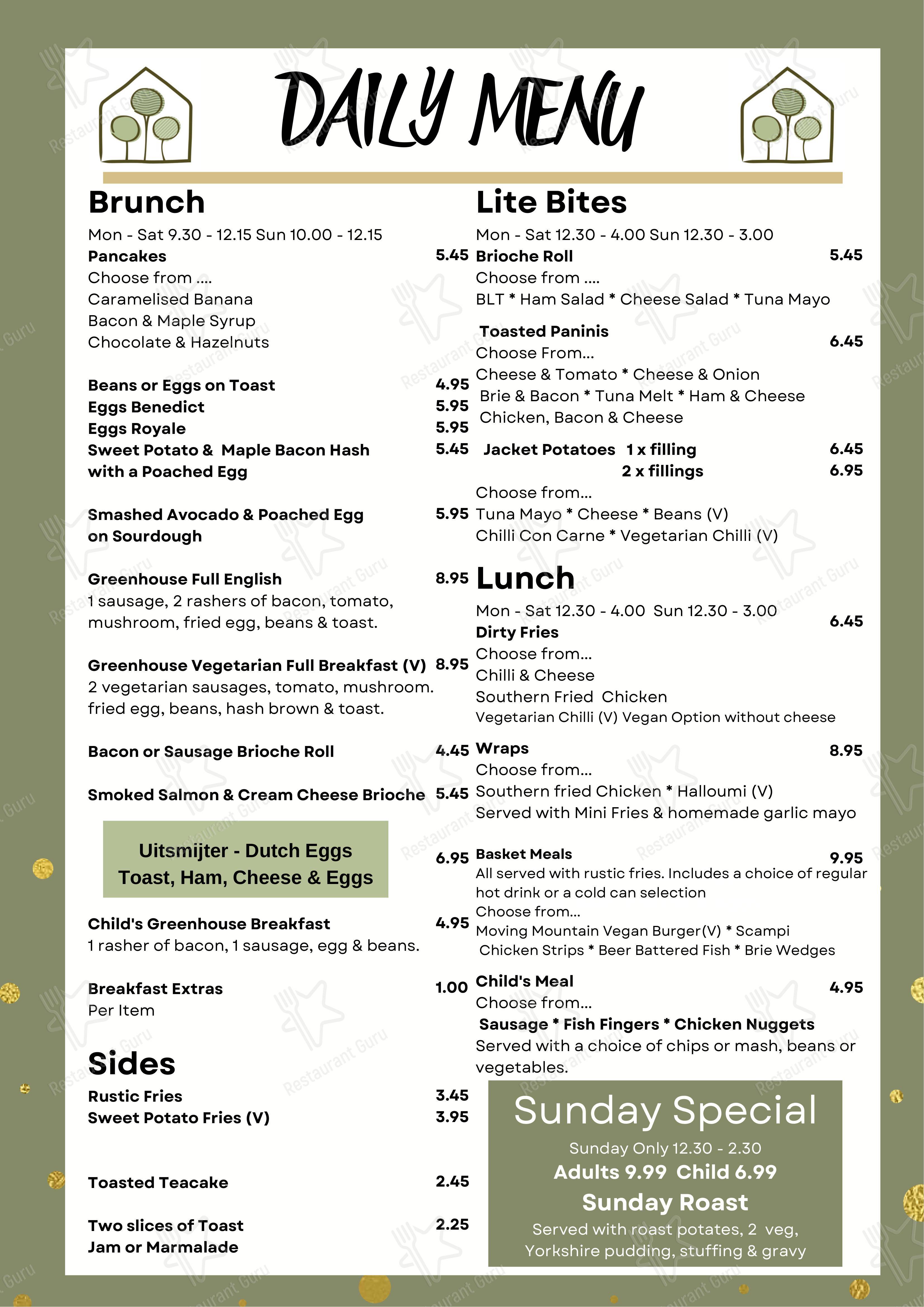 Menu at The Greenhouse Kitchen cafe, Wolverhampton, Wergs Hall Road