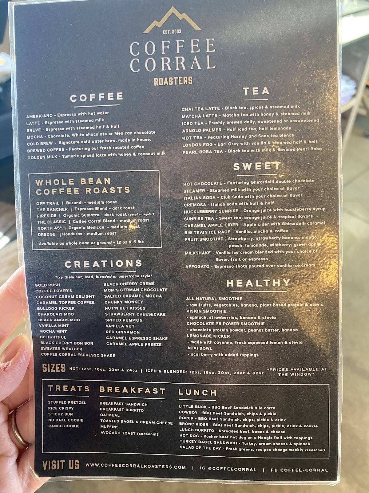 Menu at Coffee Corral Roasters, Baker City