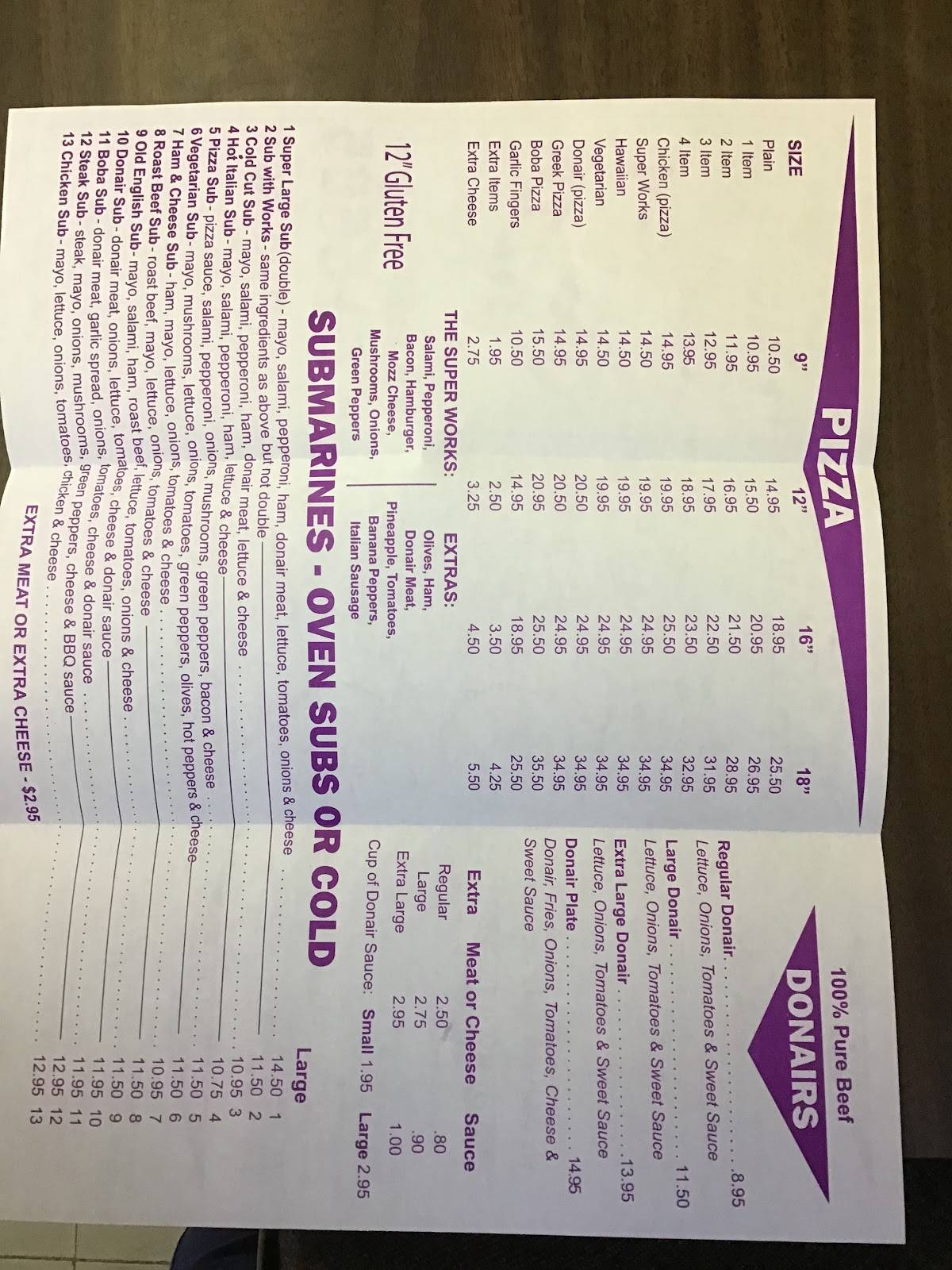 Menu at Valley Pizza Restaurant, Coldbrook