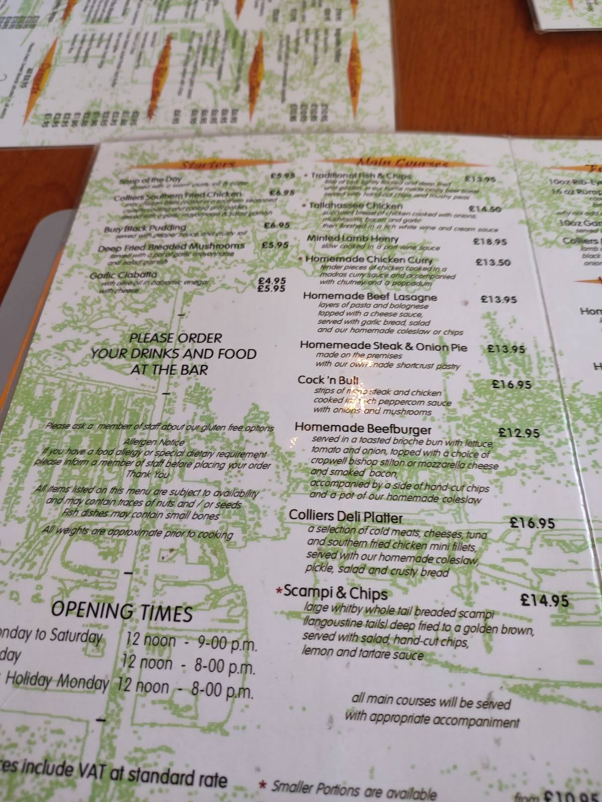 Menu at Colliers Arms pub & bar, St Helens
