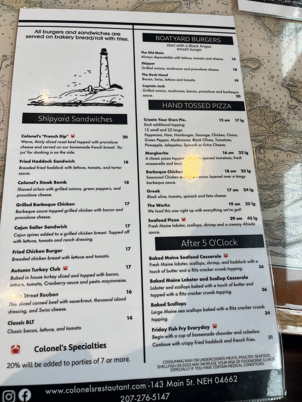 Menu at Colonel's Restaurant and Bakery, Mount Desert