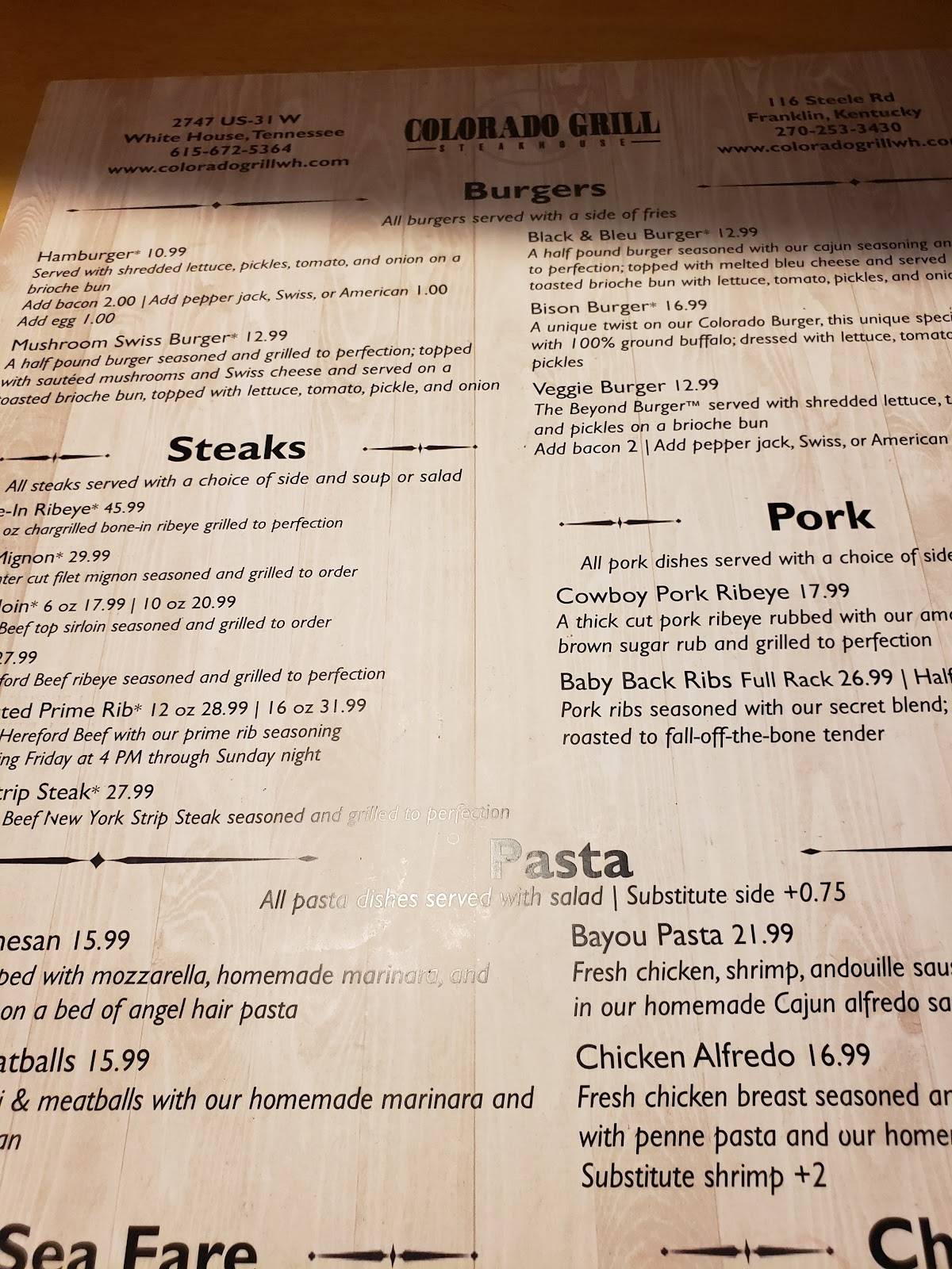 Menu at Colorado Grill Franklin KY steakhouse, Franklin
