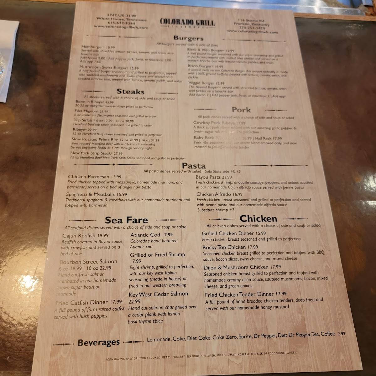 Menu at Colorado Grill Franklin KY steakhouse, Franklin