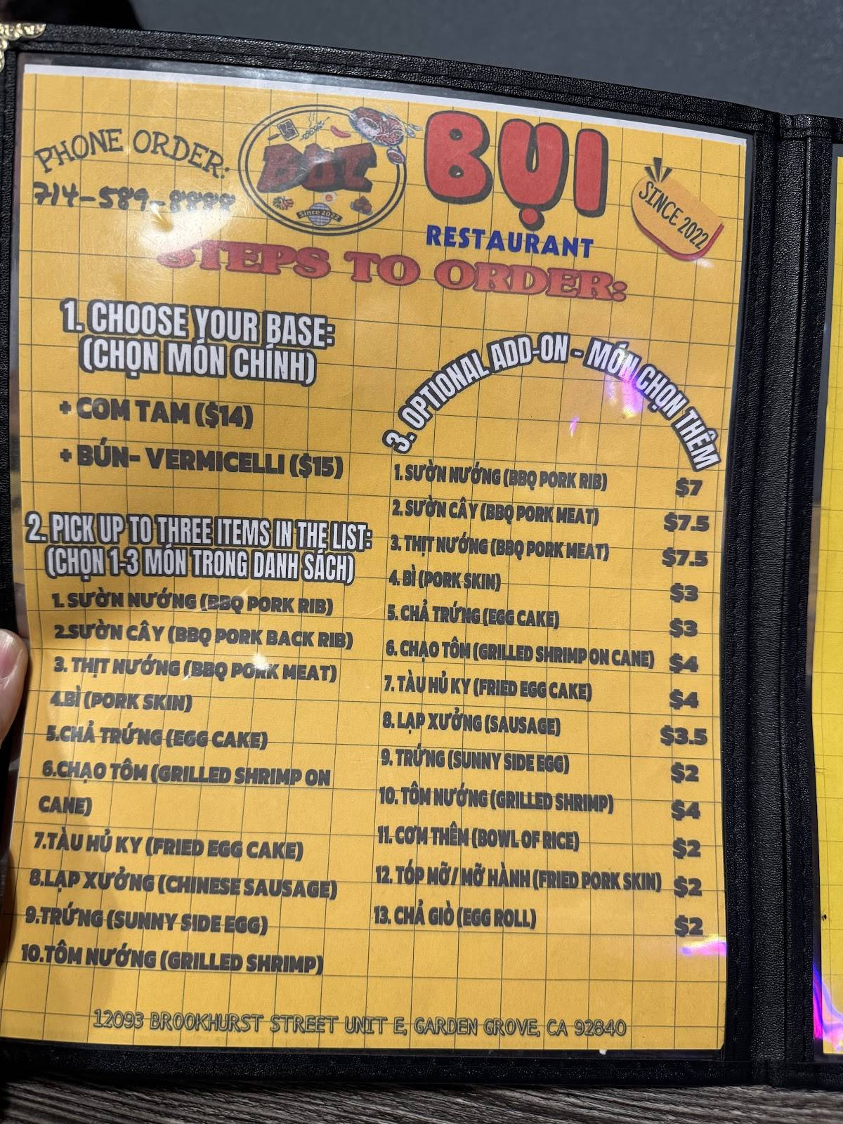 Menu at Com tam bui restaurant, Garden Grove