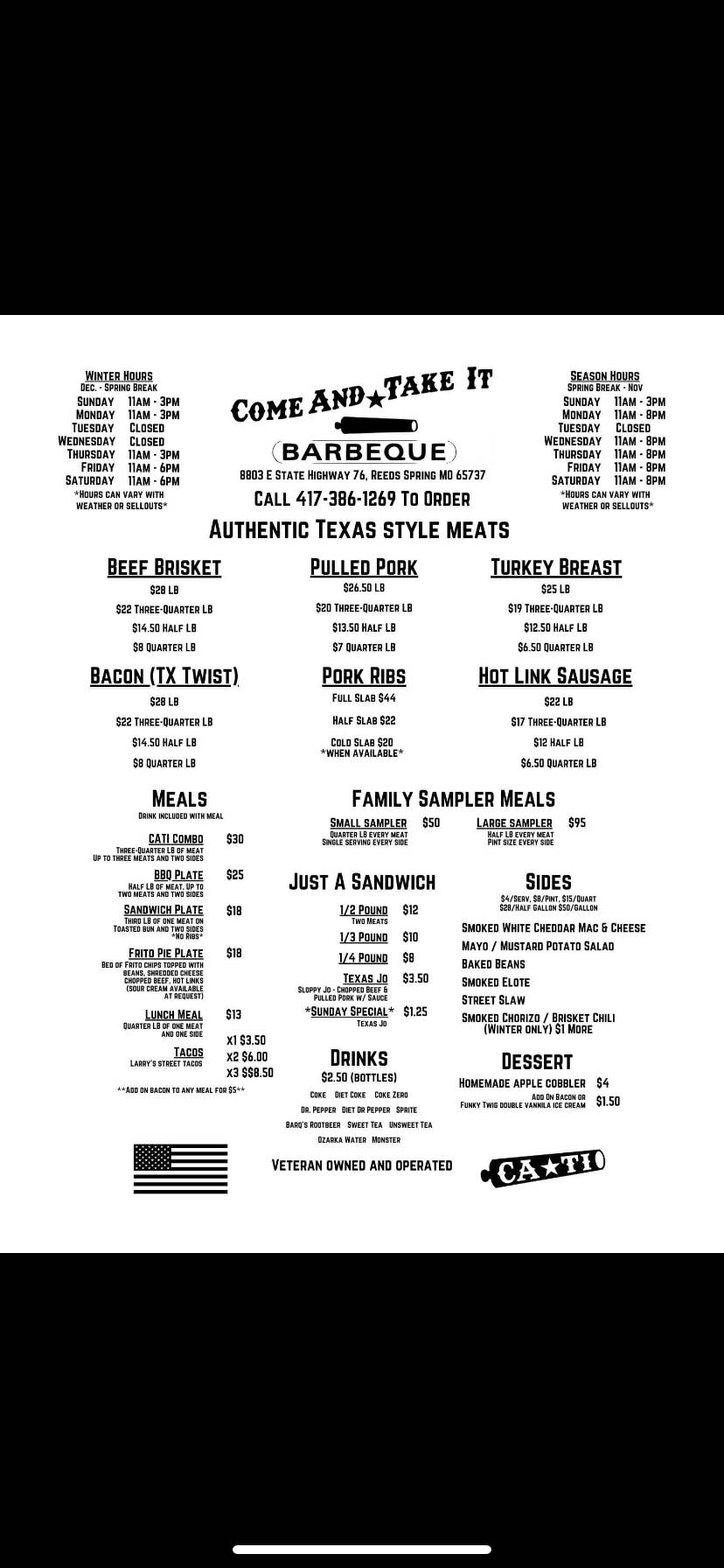 Menu at Come and Take It BBQ, Branson West
