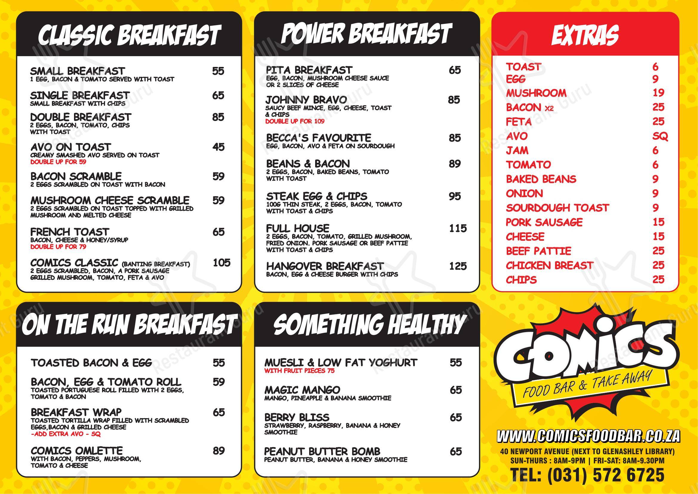 Menu at Comics - Food Bar & Take Away, Durban