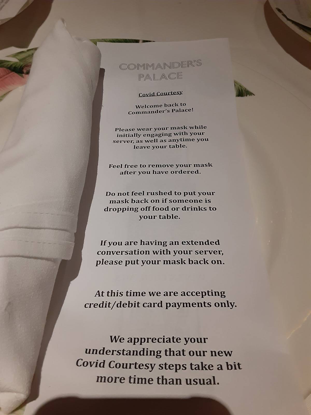 Menu at Commander's Palace pub & bar, New Orleans